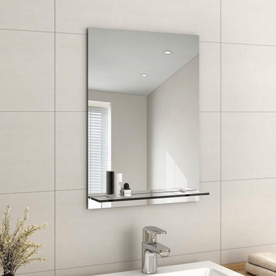 EMKE Frameless Mirror with Shelf Small Bathroom Wall Shaving Mirror with Storage Rectangle Vanity Mirrors 50x70cm