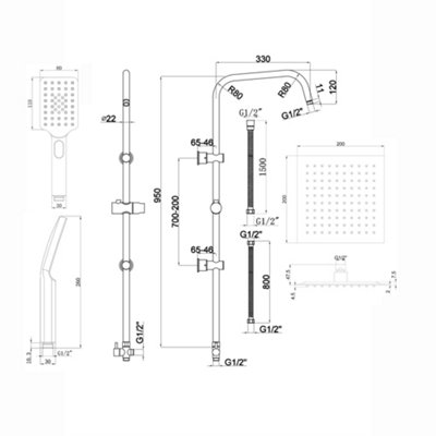 ENKI Carre Chrome Square Ultra Slim Shower Riser Rail Kit 950mm