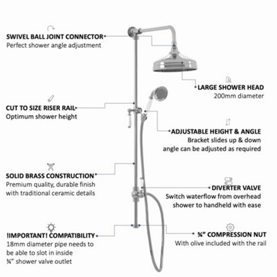 ENKI Downton Chrome Watercan Head Shower Riser Rail Kit RG042 200mm