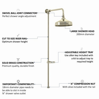 ENKI Downton English Gold Watercan Head Shower Riser Rail Kit RG047 200mm