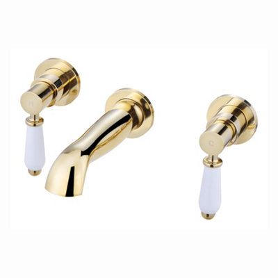 ENKI Downton Gold 3-Hole Wall Mounted Ceramic Lever Brass Basin Mixer ...