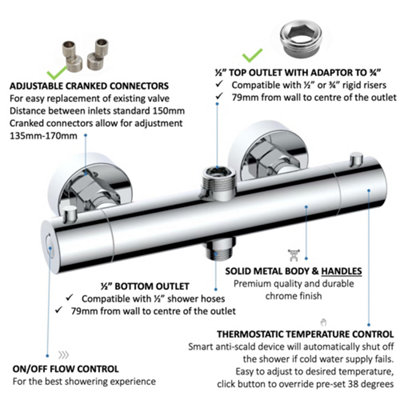 ENKI, DUNE, T33, CHROME, THERMOSTATIC SHOWER MIXER BAR VALVE WITH TWO ...