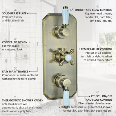 ENKI Regent Antique Brass Crosshead 3-Outlet Solid Brass Thermostatic ...