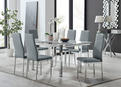 Enna White Glass Extending Dining Table and 6 Grey Milan Chairs