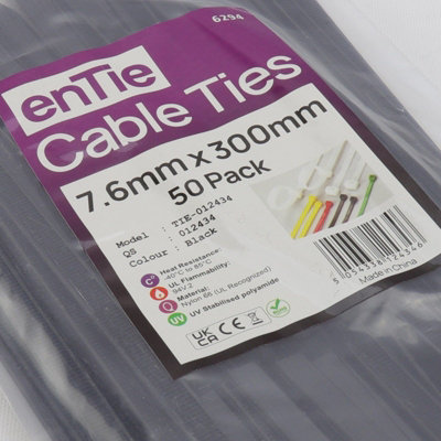 enTie Black Cable Ties 7.6mm x 300mm Nylon 66 UL Approved (50 Pack)