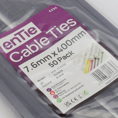 enTie Black Cable Ties 7.6mm x 400mm Nylon 66 UL Approved (50 Pack)