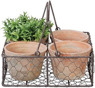 Esschert Design AT12 Aged Terracotta Herb Planter Set, 4 Small Pots in Black Metal Wire Basket ...