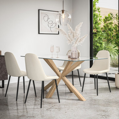 Etta Glass Dining Table And Chairs - Glass Top w Solid Oak Legs + Maya Boucle Dining Chair Set ...