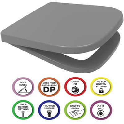 Euroshowers Anti-bac GREY V20 Rounded Square/D Toilet Seat, Soft Close ...