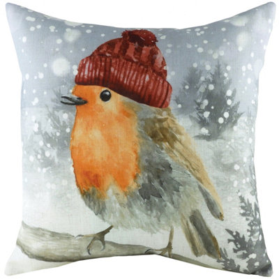 EVANS LICHFIELD SNOWY ROBIN PRINTED FEATHER FILLED CUSHION