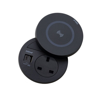 EVOline Circle 80 Disq in Black, 1 UK Socket, USB A/C, Worktop Socket