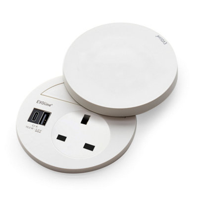 EVOline Circle 80 Hide in White, 1 UK Socket, USB A/C, Worktop Socket