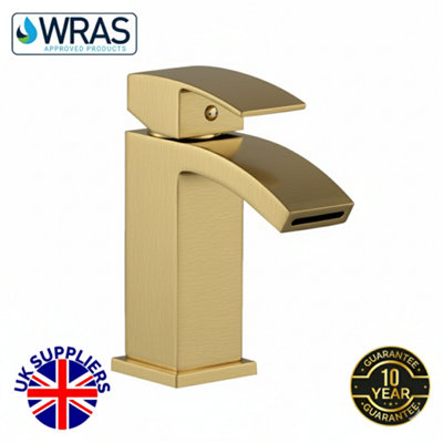 Evolve Decent Brushed Brass Waterfall Basin Mixer Tap with Click Clack ...