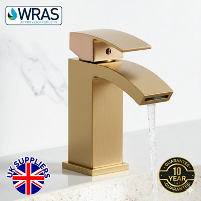 Evolve Decent Brushed Brass Waterfall Basin Mixer Tap with Click Clack ...