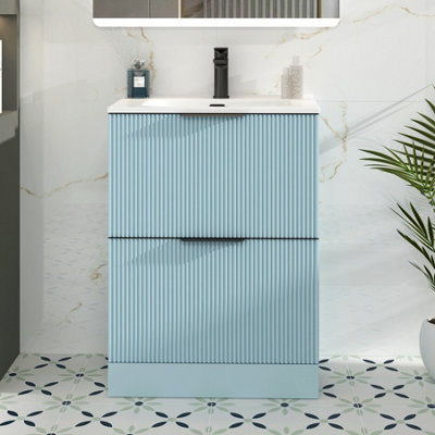 Evora 600mm Powder Blue Fluted Floor Standing Vanity Unit 2 Drawer with ...