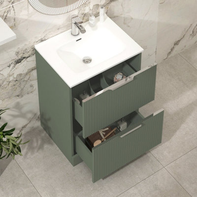 Evora 600mm Sage Green Fluted Floor Standing Bathroom Vanity Unit 2 ...