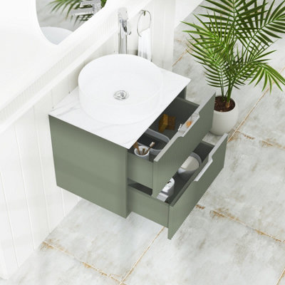 Evora 600mm Sage Green Fluted Wall Hung Countertop Vanity Unit 2 Drawer ...