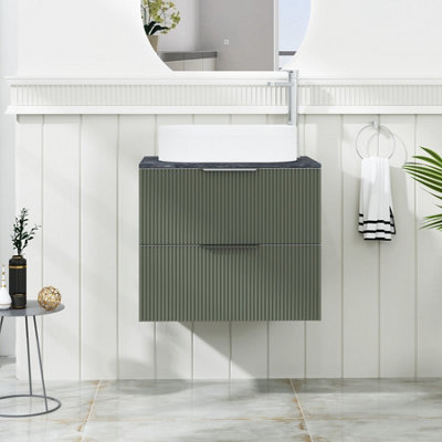Evora 600mm Sage Green Fluted Wall Hung Countertop Vanity Unit 2 Drawer ...