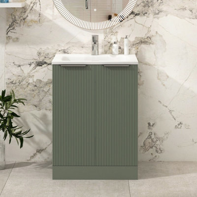 Evora 600mm Satin Green Fluted Floor Standing Vanity Unit 2 Door with ...