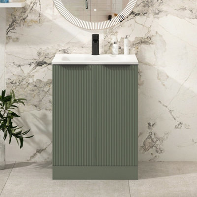 Evora 600mm Satin Green Fluted Floor Standing Vanity Unit 2 Door with Undrilled Stone Basin ...