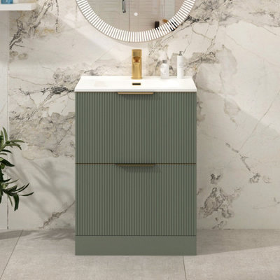 Evora 600mm Satin Green Fluted Floor Standing Vanity Unit 2 Drawer with ...