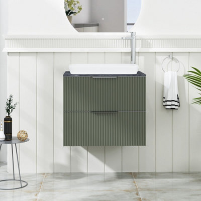 Evora 600mm Satin Green Fluted Wall Hung Countertop Vanity Unit 2 ...