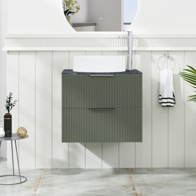 Evora 600mm Satin Green Fluted Wall Hung Vanity Unit 2 Drawer with ...