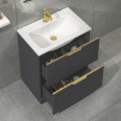 Evora 700mm Graphite Grey Fluted Floor Standing Vanity Unit 2 Drawer ...