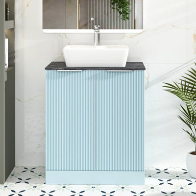 Evora 700mm Matt Sky Blue Fluted Floor Standing Vanity Unit 2 Door with ...