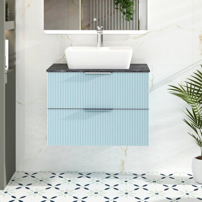 Evora 700mm Matt Sky Blue Fluted Wall Hung Vanity Unit 2 Drawer with ...