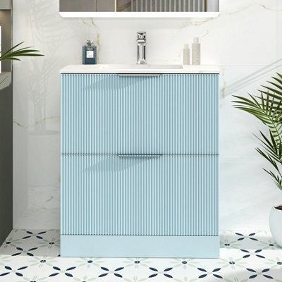Evora 700mm Powder Blue Fluted Floor Standing Vanity Unit 2 Drawer with ...