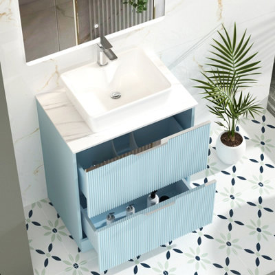 Evora 700mm Powder Blue Fluted Floor Standing Vanity Unit 2 Drawer with ...