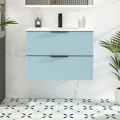 Evora 700mm Powder Blue Fluted Wall Hung Vanity Unit 2 Drawer with ...