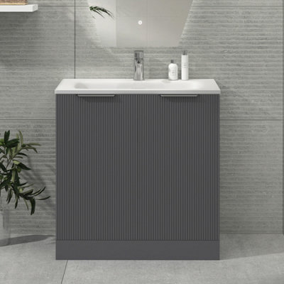 Evora 800mm Graphite Grey Fluted Floor Standing Vanity Unit 2 Door with ...
