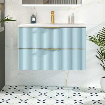 Evora 800mm Powder Blue Fluted Wall Hung Vanity Unit 2 Drawer with ...