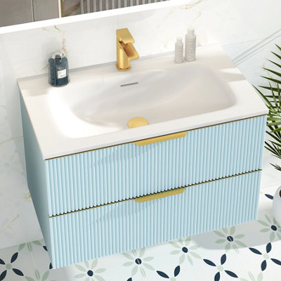 Evora 800mm Powder Blue Fluted Wall Hung Vanity Unit 2 Drawer with ...