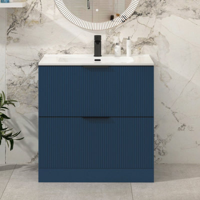 Evora 800mm Satin Blue Fluted Floor Standing Vanity Unit 2 Drawer with ...
