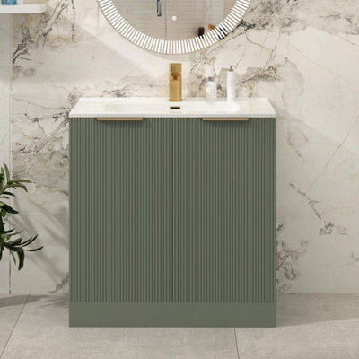 Evora 800mm Satin Green Fluted Floor Standing Vanity Unit 2 Door with ...