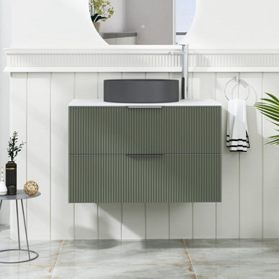 Evora 800mm Satin Green Fluted Wall Hung Countertop Vanity Unit 2 ...