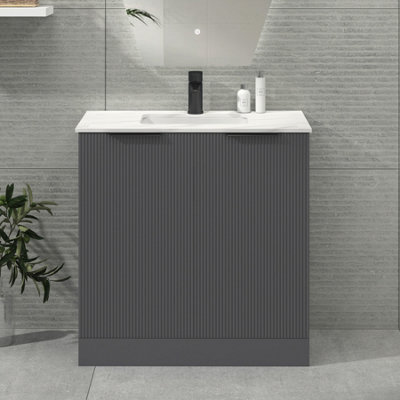 Shop Evora 800mm Satin Grey Fluted Floor Standing Vanity Unit 2 Door ...