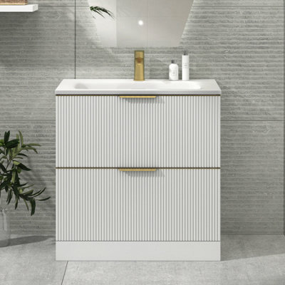 Evora 800mm Satin White Fluted Floor Standing Vanity Unit 2 Drawer with ...