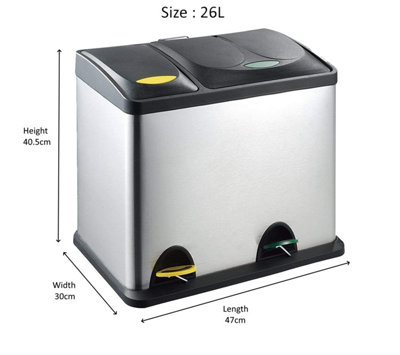 EVRE 26L Recycling Stainless Steel Waste Bin Silver 2 Compartment with ...