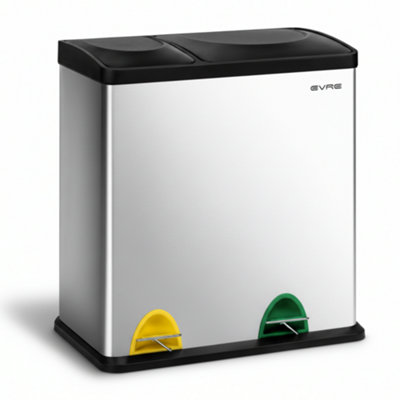 EVRE 36L Recycling Stainless Steel Waste Bin Silver 2 Compartment with ...