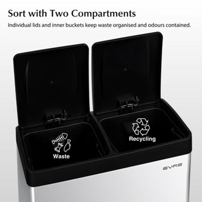 EVRE 60L Recycling Stainless Steel Bin Silver 2 Removable Compartment ...