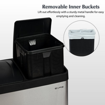 EVRE 60L Recycling Stainless Steel Bin Silver 2 Removable Compartment ...
