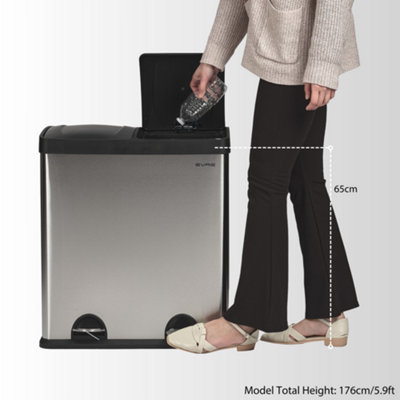 EVRE 60L Recycling Stainless Steel Bin Silver 2 Removable Compartment ...