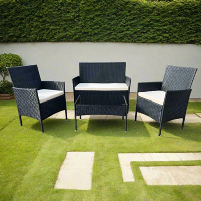 EVRE Nero Black Rattan Garden Furniture Set Patio Conservatory Indoor Outdoor 4 piece set Glass Top