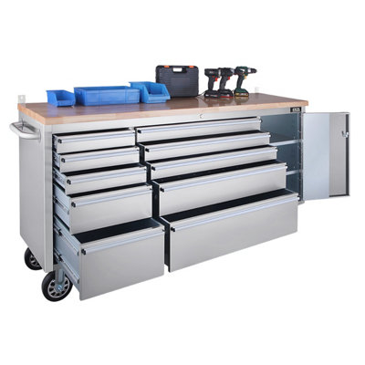 Excel 10 Drawer Stainless Steel Roller Tool Cabinet with Workbench ...