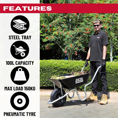 Excel 100L Heavy Duty Wheelbarrow with Steel Tray