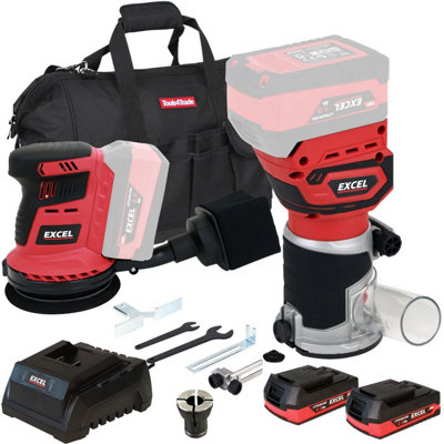 Excel 18V 1/4" Router Trimmer + 125mm Rotary Sander with 2 x 2.0Ah ...